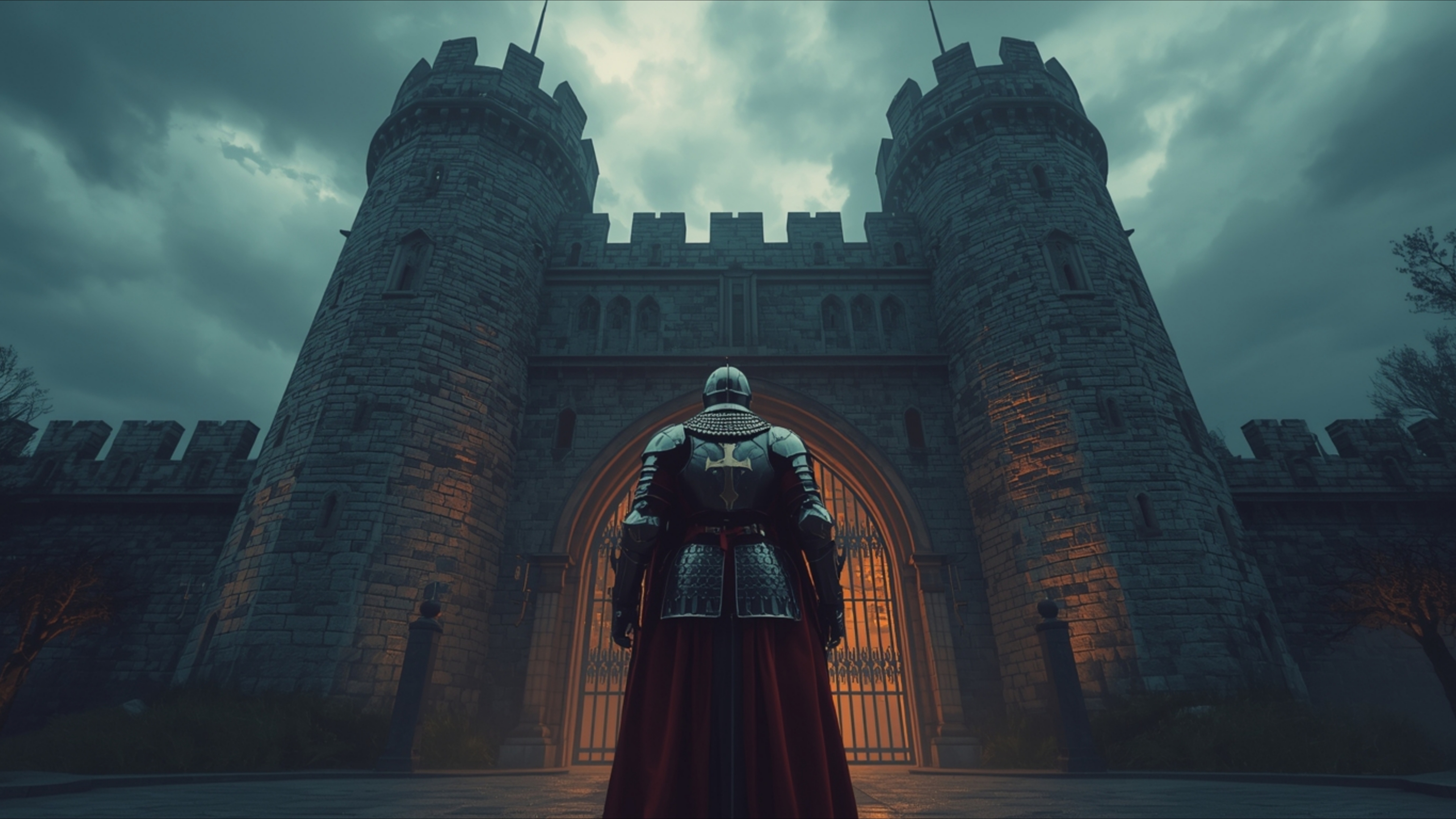 🐉 Knight in Armor Standing Before Castle Gate 4K Wallpaper