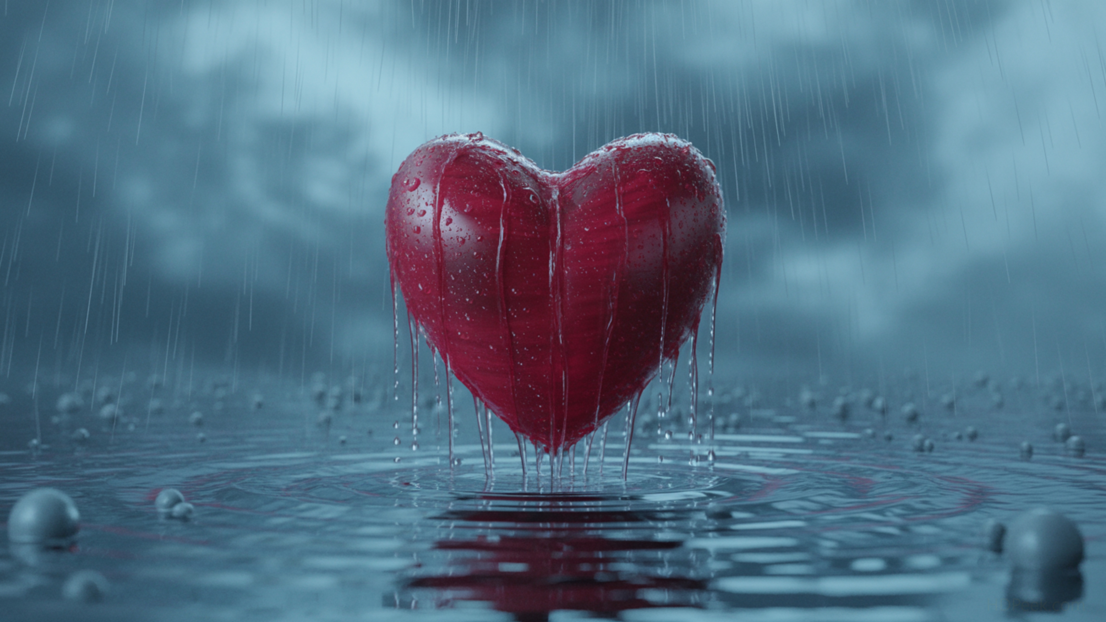 💔 Red Heart Under Rain 4K Wallpaper