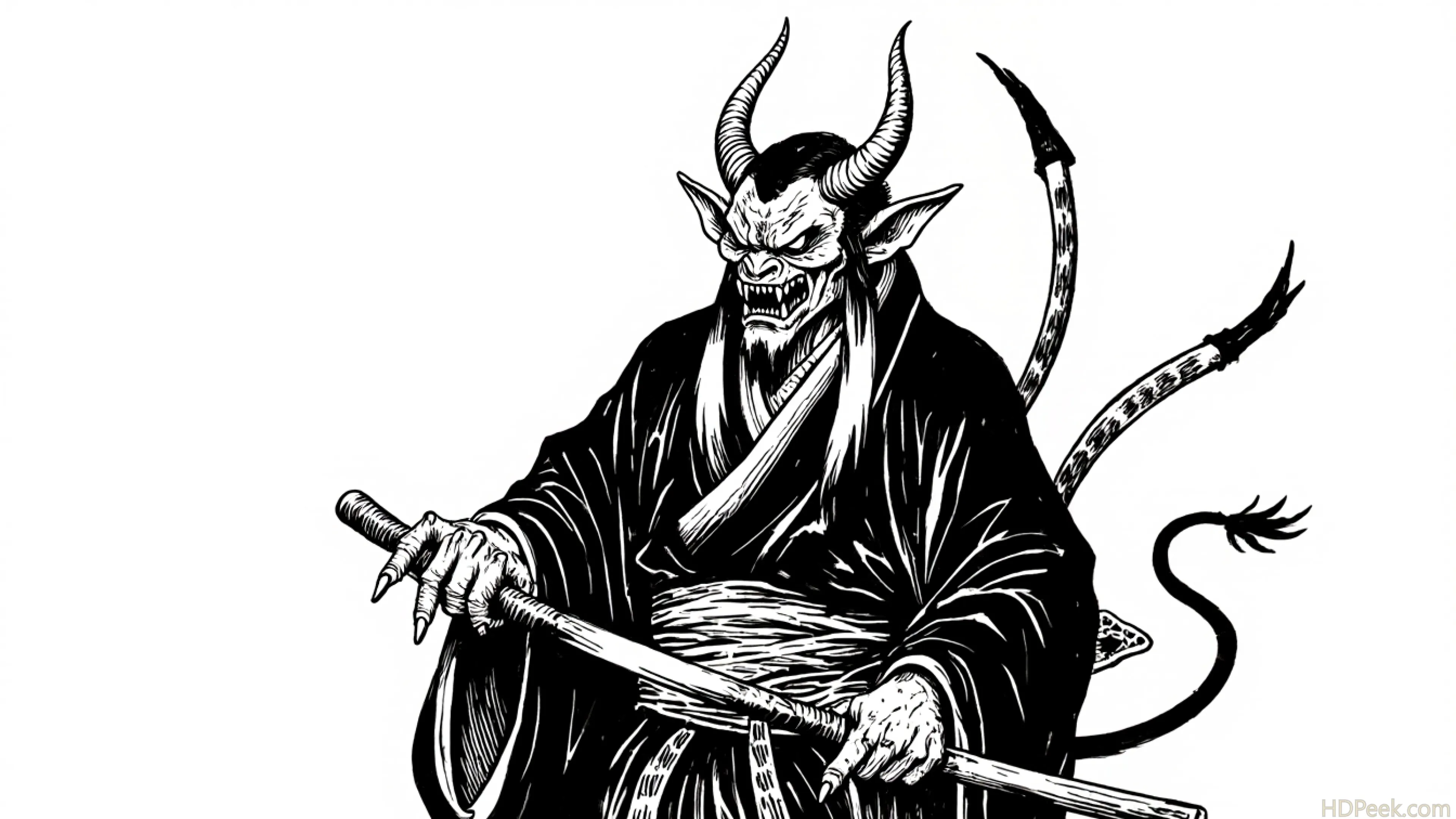 Traditional Japanese Yokai Demon Ink Illustration Wallpaper 4K UHD ...